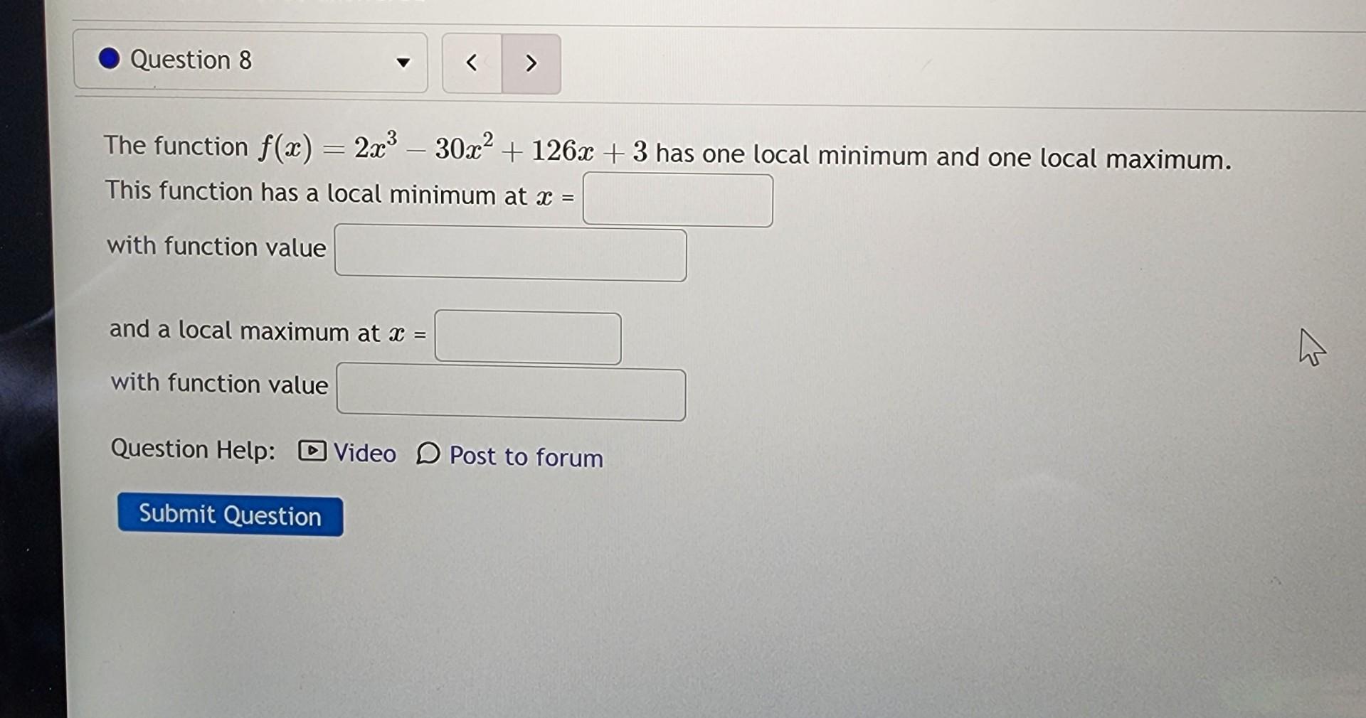 Solved The function f(x)=2x3−45x2+300x+6 has one local | Chegg.com