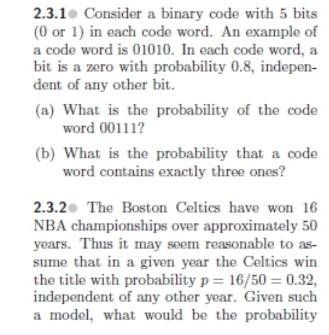 Solved 2.3.1 Consider a binary code with 5 bits ( 0 or 1 ) | Chegg.com