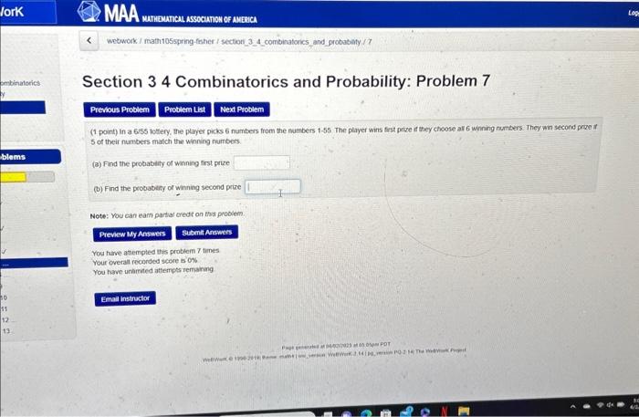 (1 point) In a 655 lottery, the player picks 6 | Chegg.com
