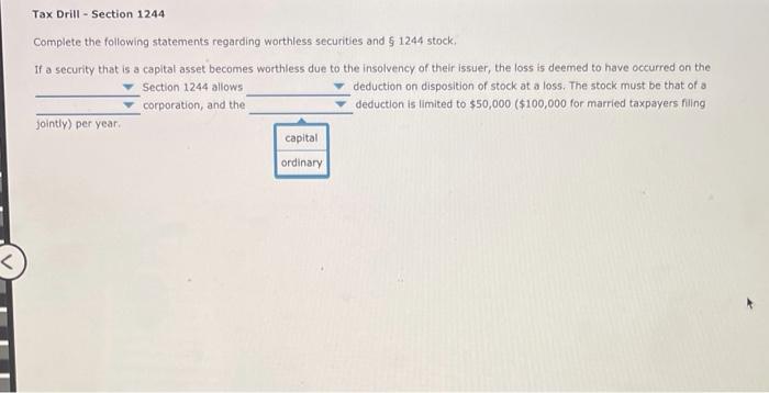 Solved Tax Drill - Section 1244 Complete the following | Chegg.com