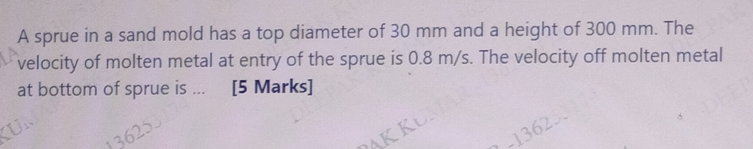 Solved A sprue in a sand mold has a top diameter of 30 ﻿mm | Chegg.com