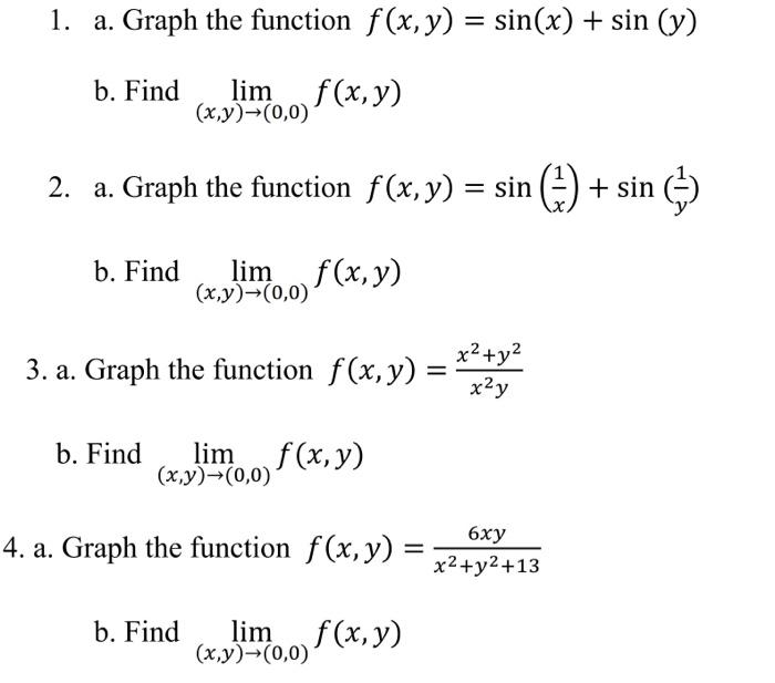 Solved 1. a. Graph the function f(x,y) = sin(x) + sin (y) b. | Chegg.com