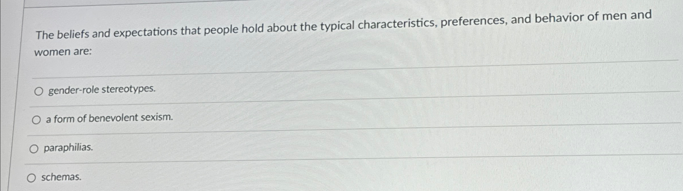 Solved The beliefs and expectations that people hold about | Chegg.com