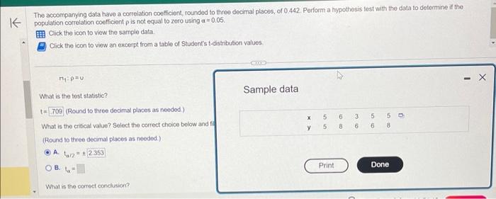 Solved The accompanying data have a correlation coefficient, | Chegg.com