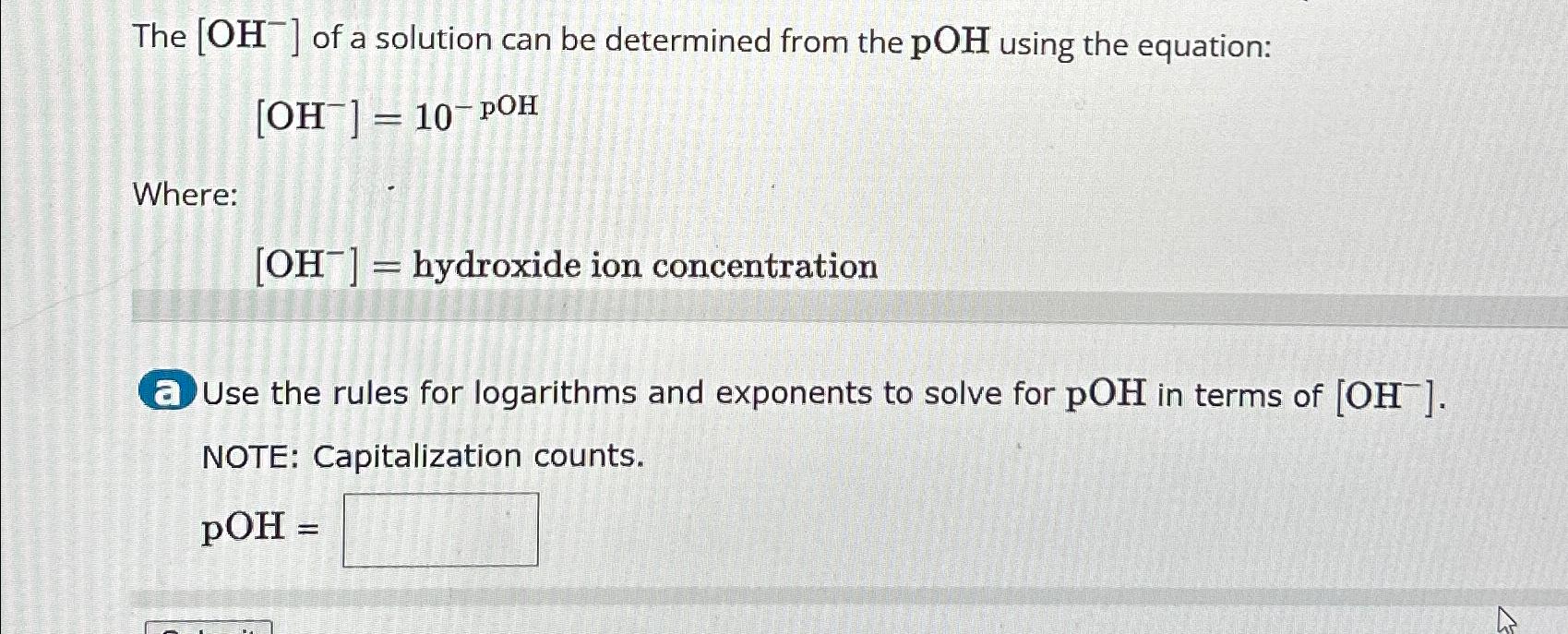 Solved The OH-of a solution can be determined from the pOH | Chegg.com