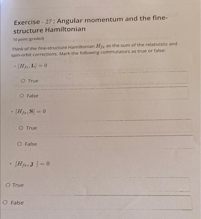 Solved Exercise - 27: Angular momentum and the fine- | Chegg.com