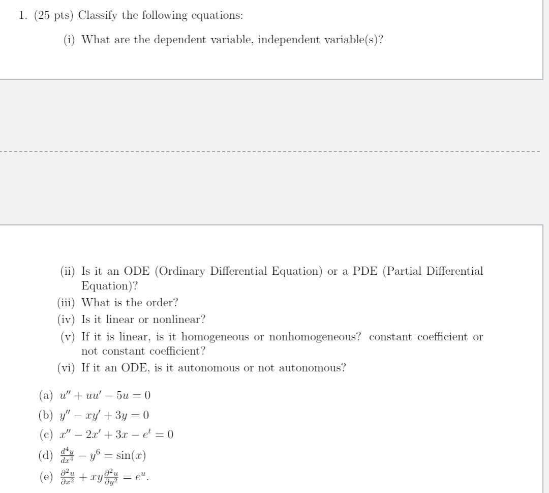 Solved 1. (25 pts) Classify the following equations: (i) | Chegg.com