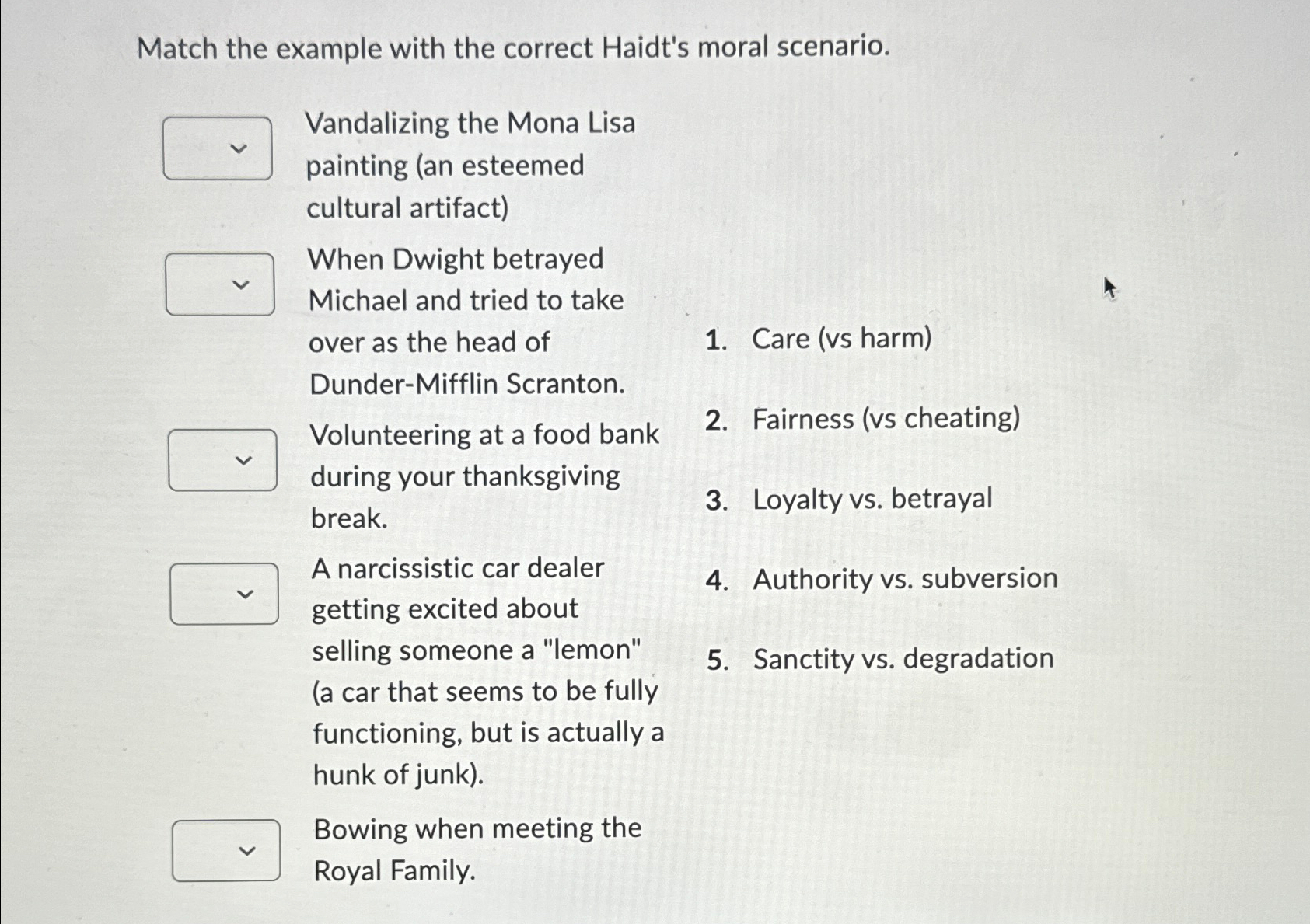 Solved Match the example with the correct Haidt's moral | Chegg.com