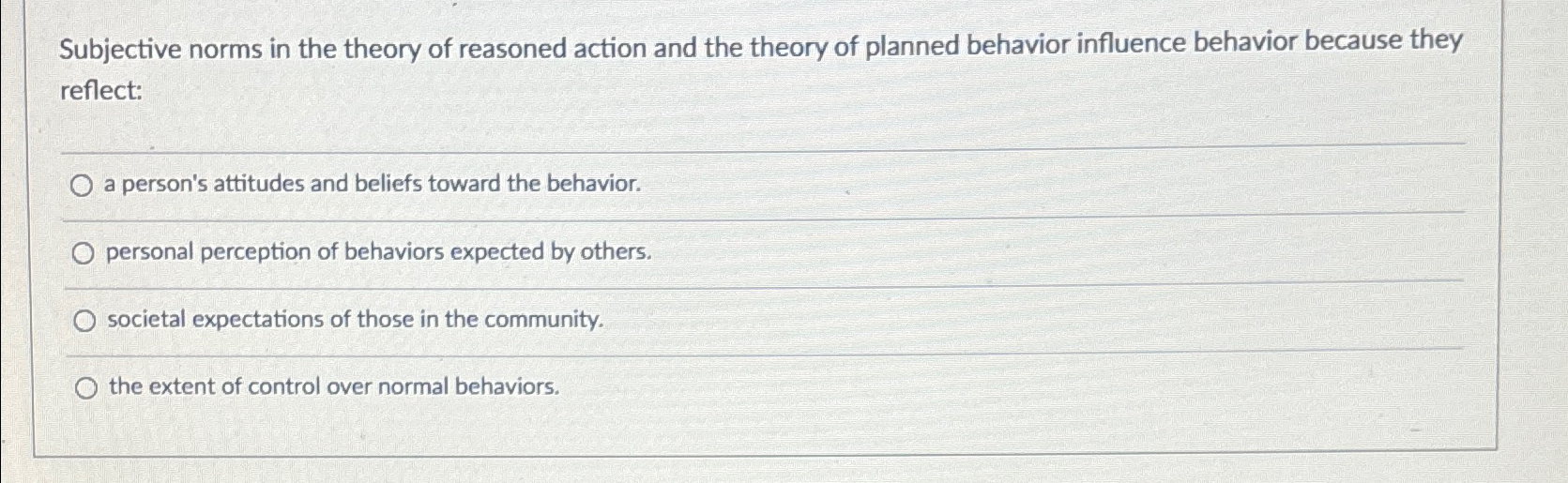 Solved Subjective norms in the theory of reasoned action and | Chegg.com