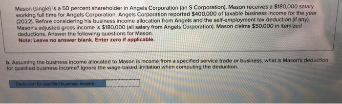 Solved Mason (single) is a 50 percent shareholder in Angels | Chegg.com