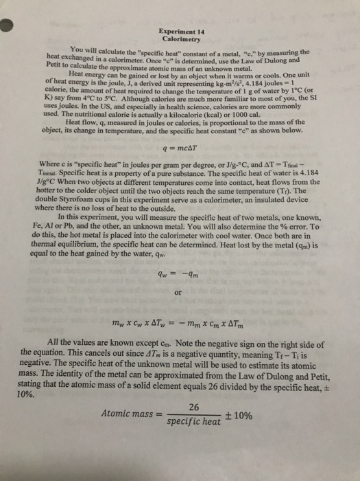 Solved Experiment 14 Calorimetry Report Sheet Name Section | Chegg.com