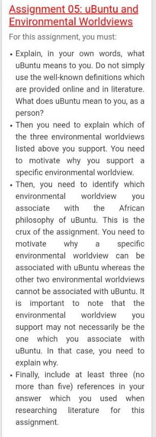 Solved Assignment 05: uBuntu and Environmental Worldviews | Chegg.com