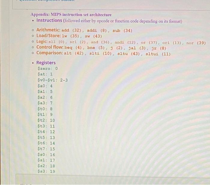 Appendix: MIPS instruction set architecture | Chegg.com