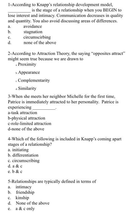 Solved 1-According to Knapp's relationship development | Chegg.com