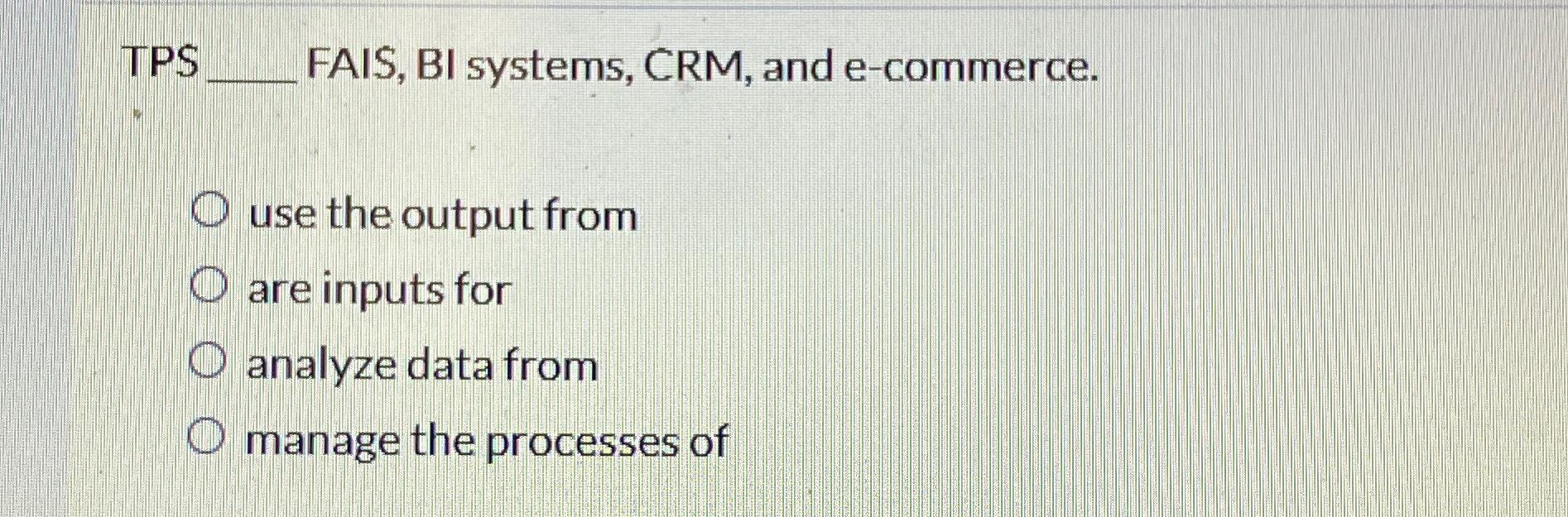 Solved TPS FAIS, BI systems, CRM, ﻿and e-commerce.use the | Chegg.com