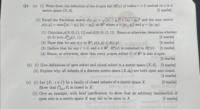 Solved Q1. (a) (i) Write down the definition of the d-open | Chegg.com
