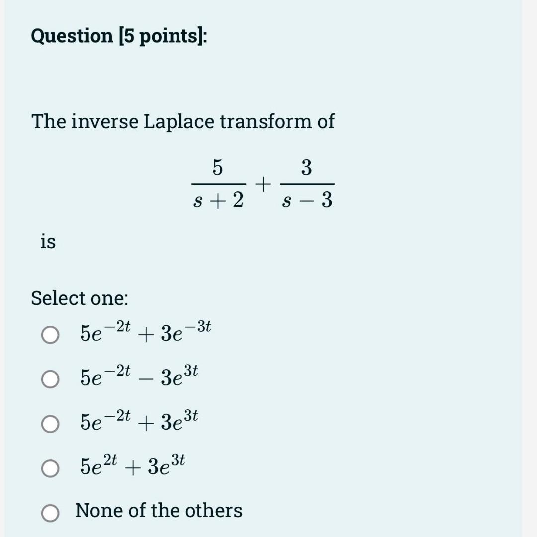 Solved Question [5 points]: The inverse Laplace transform of | Chegg.com