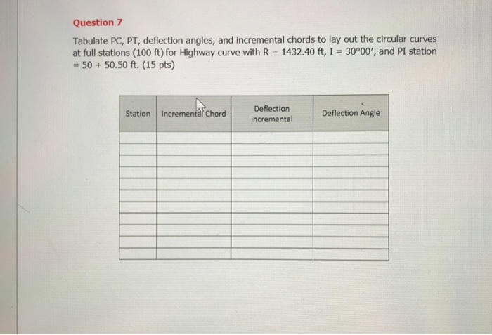 Solved Question 7 Tabulate PC, PT, deflection angles, and | Chegg.com