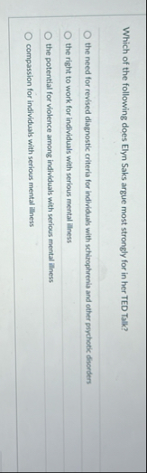 Solved Which of the following does Elyn Saks argue most | Chegg.com