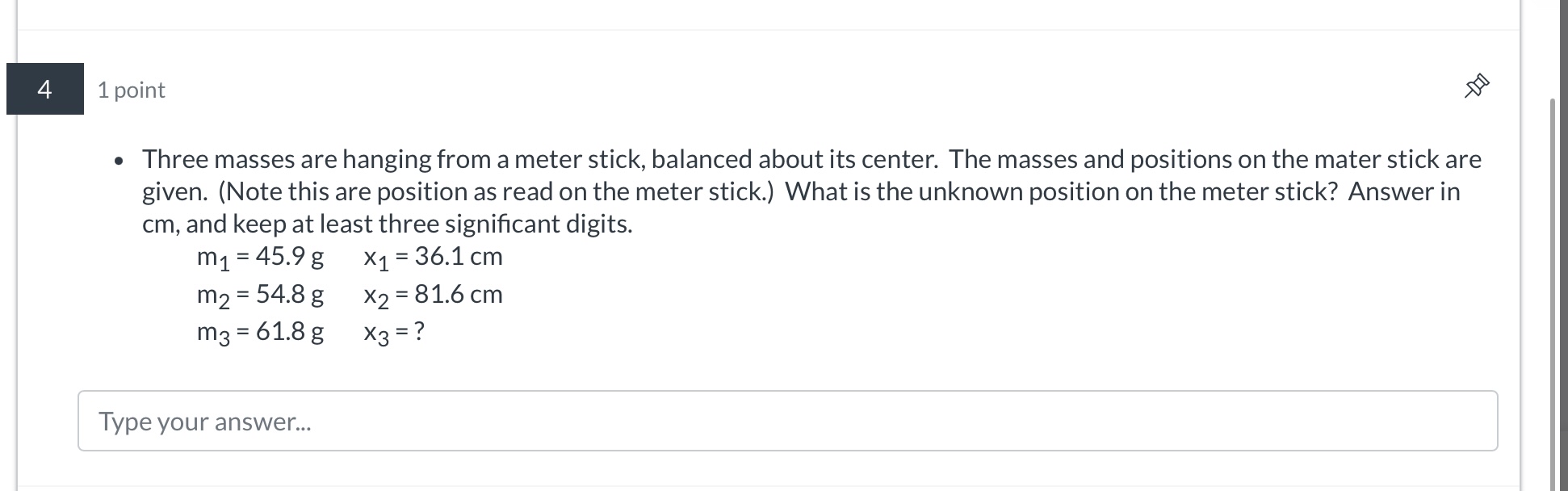 Solved 41 ﻿pointThree masses are hanging from a meter stick, | Chegg.com