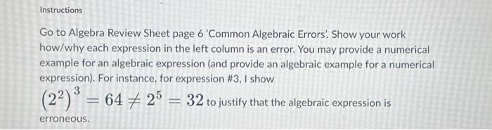 Solved Algebra review, just need an example for each error. | Chegg.com