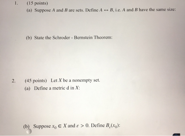 Solved 1. (15 points) (a) Suppose A and B are sets. Define A | Chegg.com