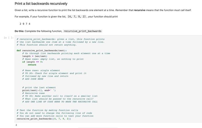 Solved a Print a list backwards recursively Given a list, | Chegg.com