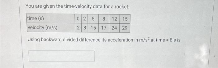 Solved You are given the time-velocity data for a rocket: | Chegg.com