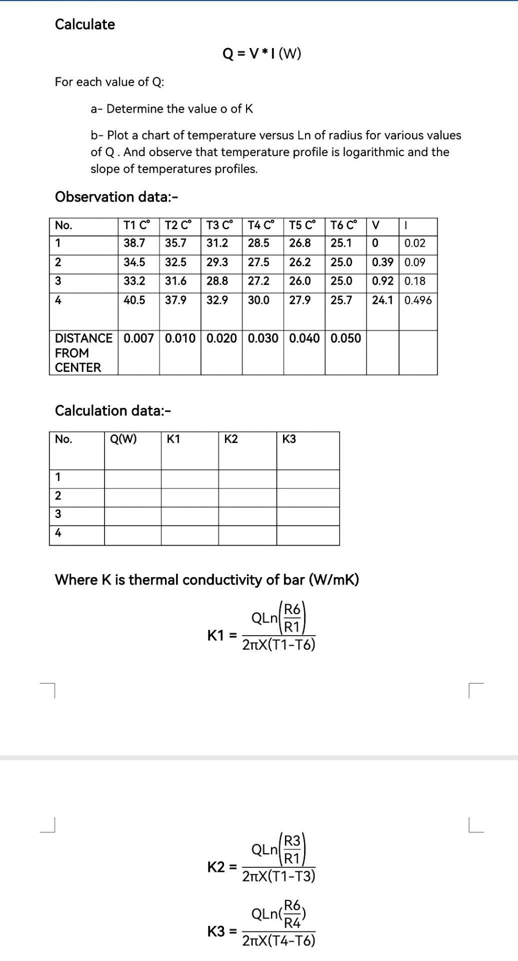 Solved Calculations of Radial heat conduction experiment | Chegg.com
