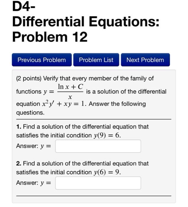 Solved D4- Differential Equations: Problem 12 (2 points) | Chegg.com