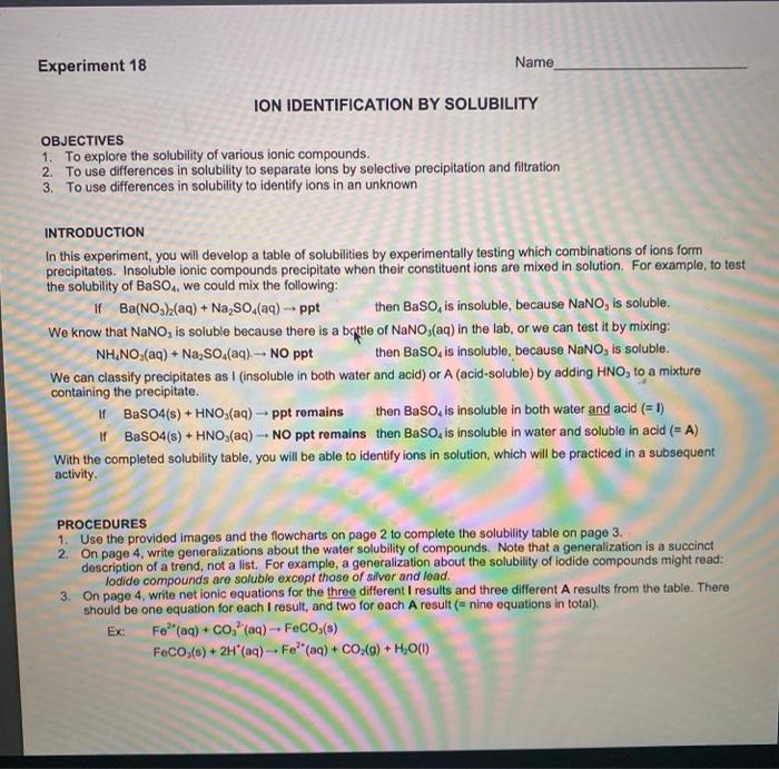 Experiment 18 Name ION IDENTIFICATION BY SOLUBILITY | Chegg.com
