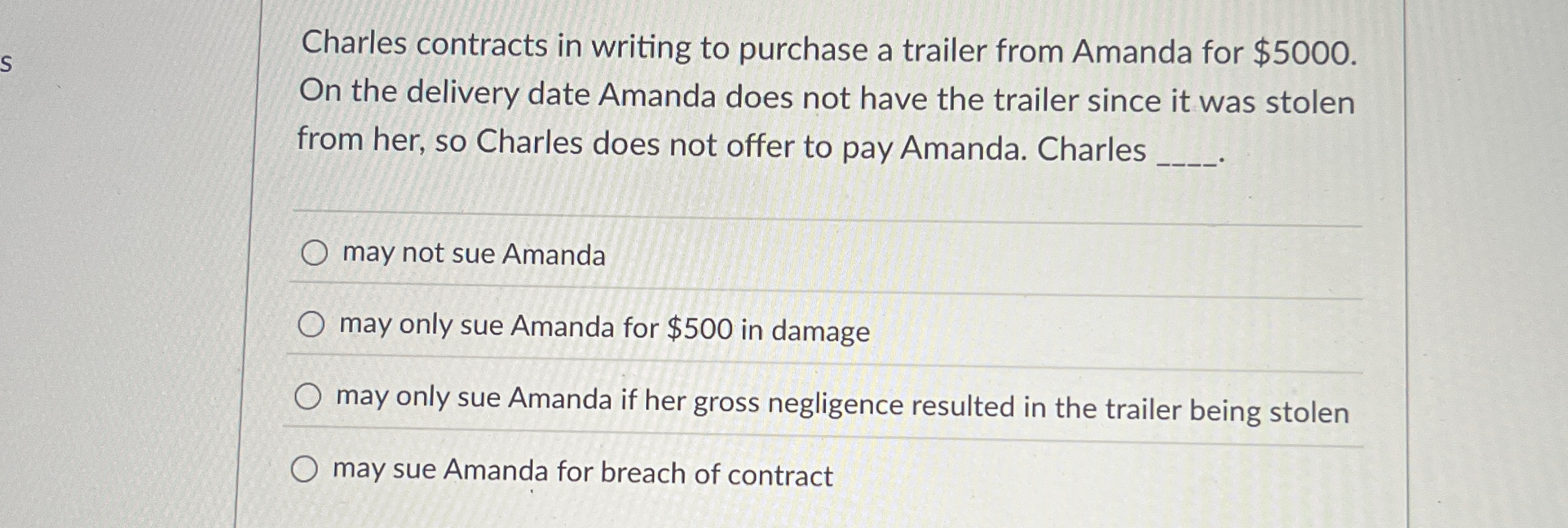 Solved Charles contracts in writing to purchase a trailer | Chegg.com