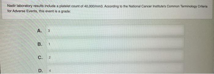 Solved Nadir laboratory results include a platelet count of | Chegg.com