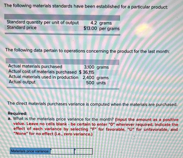 Solved The following materials standards have been | Chegg.com