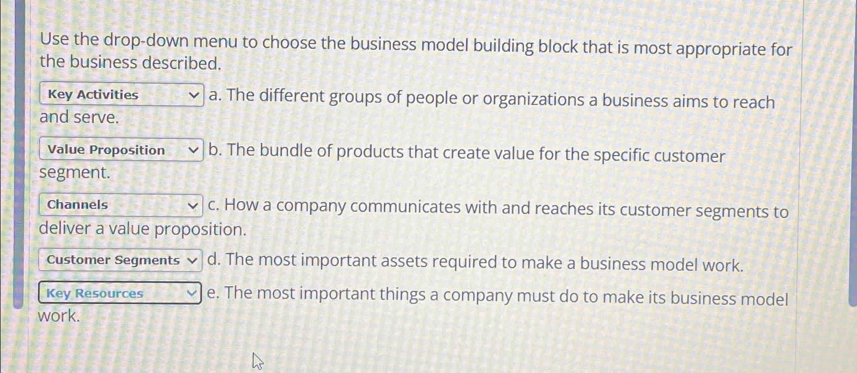 Solved Use the drop-down menu to choose the business model | Chegg.com