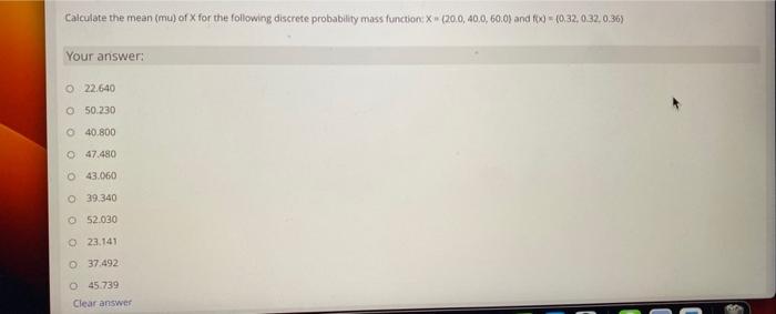 Solved Calculate the mean (mu) of X for the following | Chegg.com