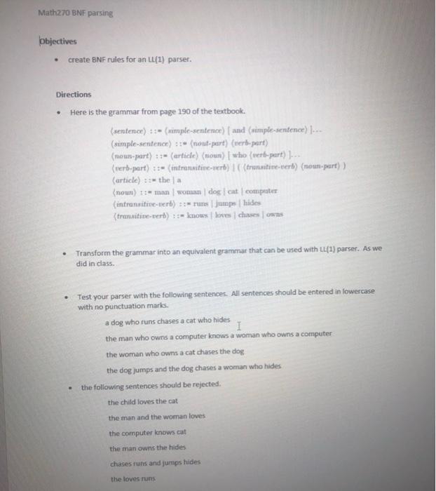 Math270 BNF parsing objectives • create BNF rules for | Chegg.com