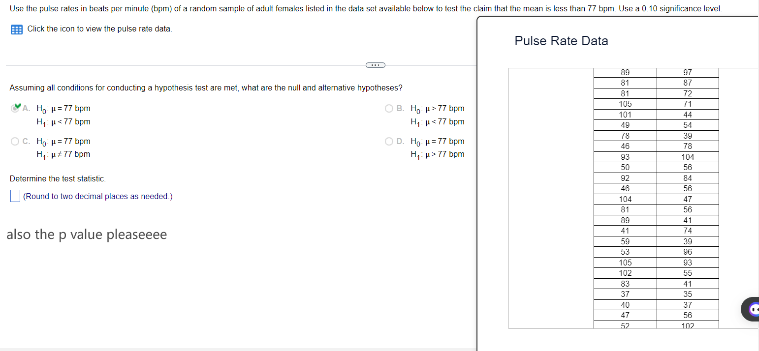 Solved Use the pulse rates in beats per minute (bpm) ﻿of a | Chegg.com