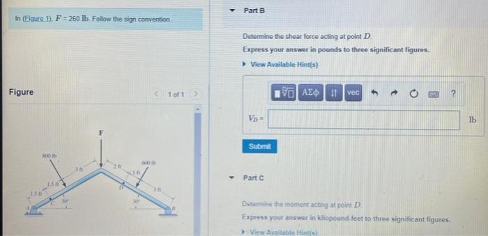 Solved In ( F260 lb Follow the sign convention Part A | Chegg.com