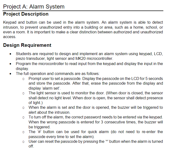 Solved Project A: Alarm SystemProject DescriptionKeypad and | Chegg.com
