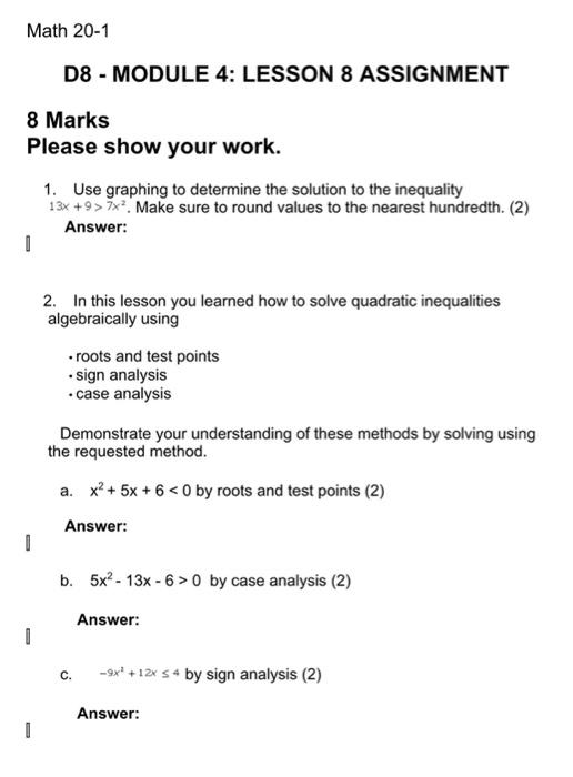 Solved Math 20-1 D8 - MODULE 4: LESSON 8 ASSIGNMENT 8 Marks | Chegg.com