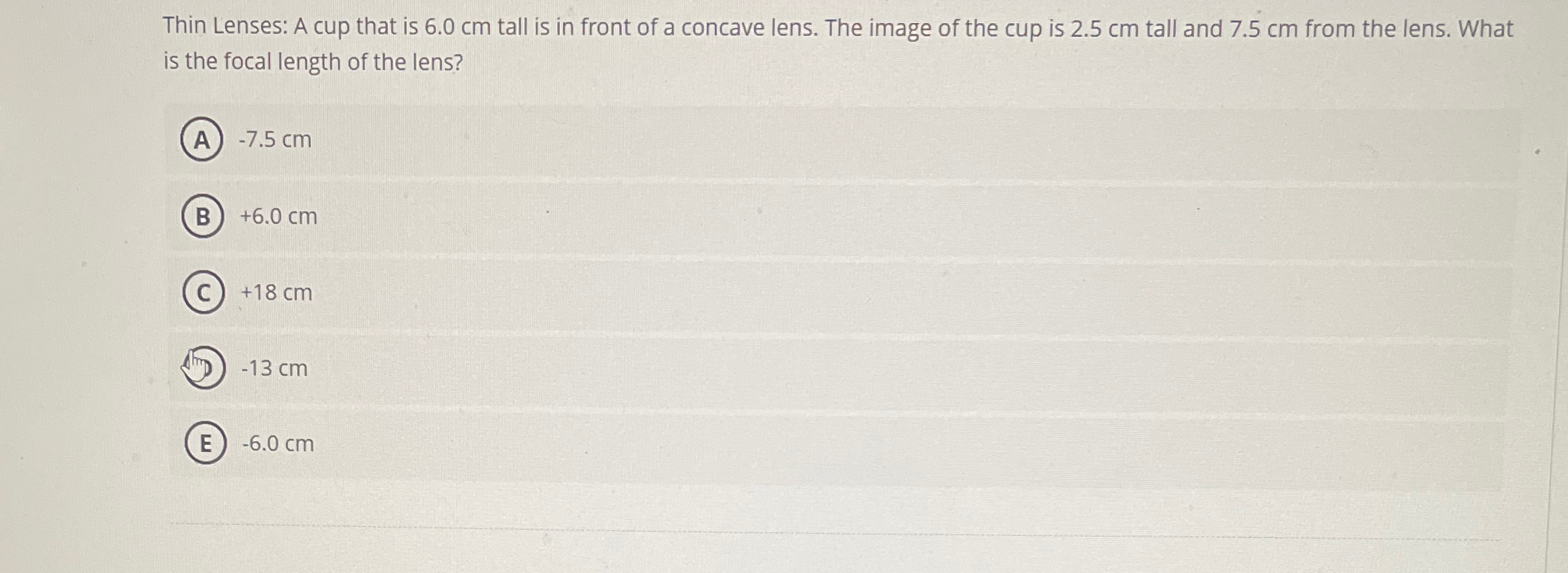 Solved Thin Lenses: A cup that is 6.0cm ﻿tall is in front of | Chegg.com