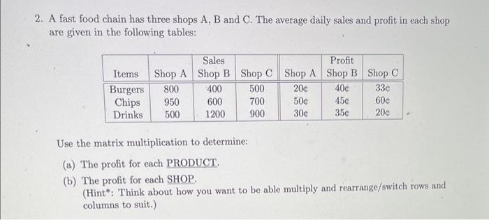 Solved A fast food chain has three shops A, B and C. The | Chegg.com
