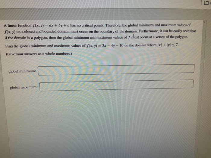 Solved A linear function f(x, y) = ax + by + c has no | Chegg.com