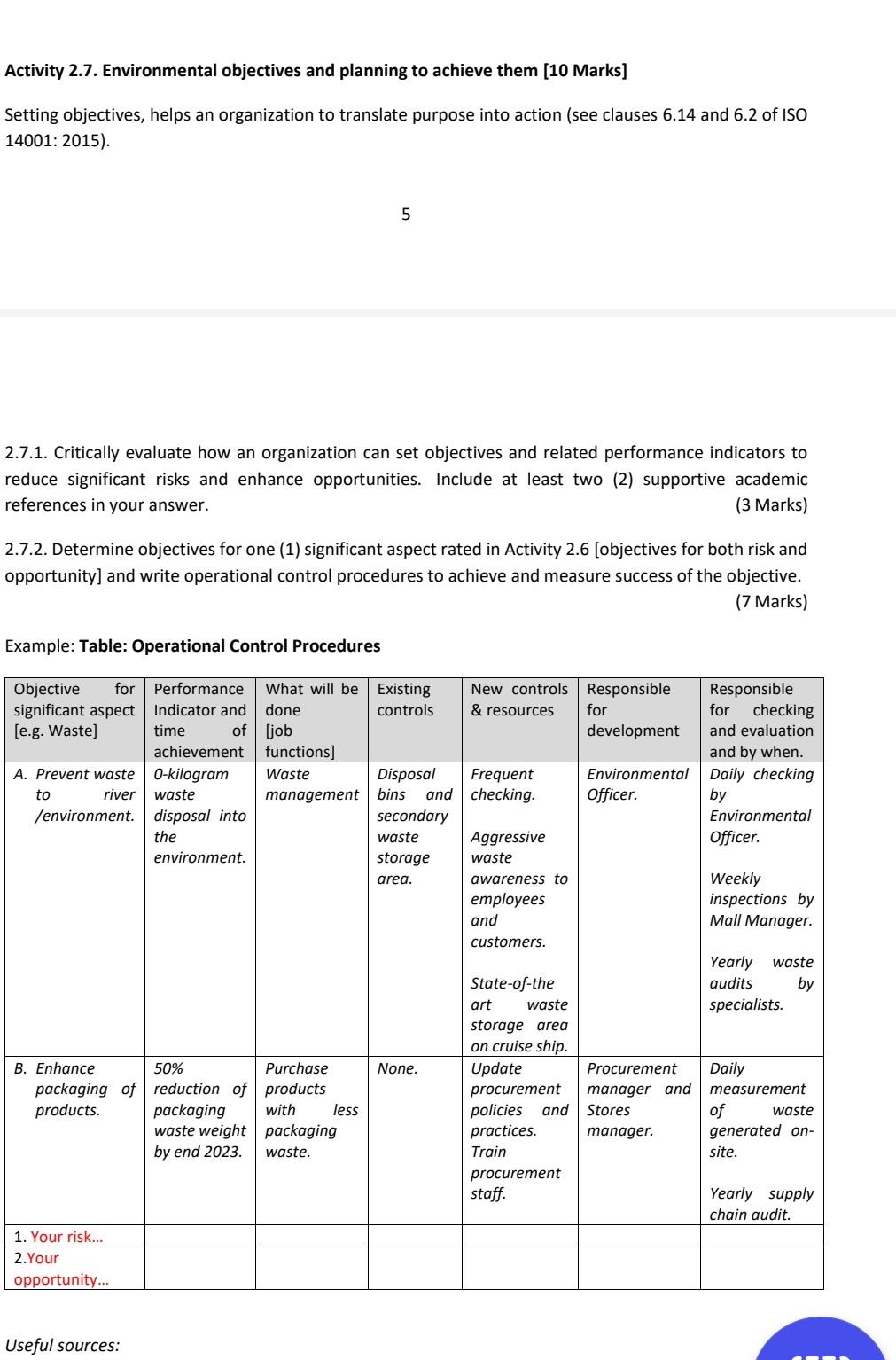 Solved Activity 2.7. Environmental objectives and planning | Chegg.com