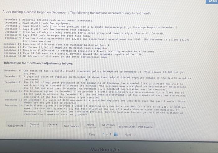 Solved A dog training business began on December 1. The | Chegg.com