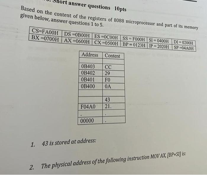 Solved Based on the content of the registers of 8088 | Chegg.com
