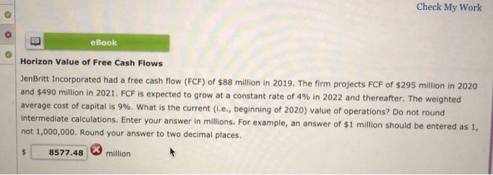 Solved Check My Work eBook Horizon Value of Free Cash Flows | Chegg.com