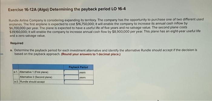 Solved Exercise 16-12A (Algo) Determining the payback period | Chegg.com