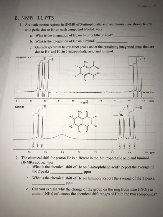 Solved Luminol- 10 B. NMR -11 PTS Aromatic proton regions in | Chegg.com